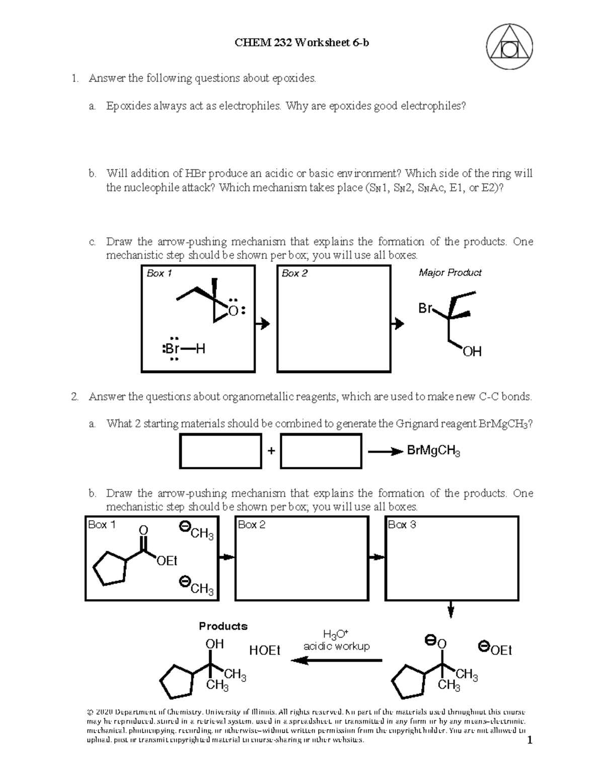 CHEM 232 Worksheet 1: Epoxides and Organometallic Reagents - Studocu