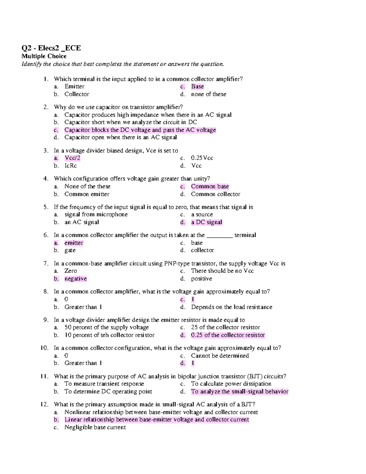 Q2 Elecs2 _ECE Multiple Choice Quiz on Common Collector Amplifiers ...