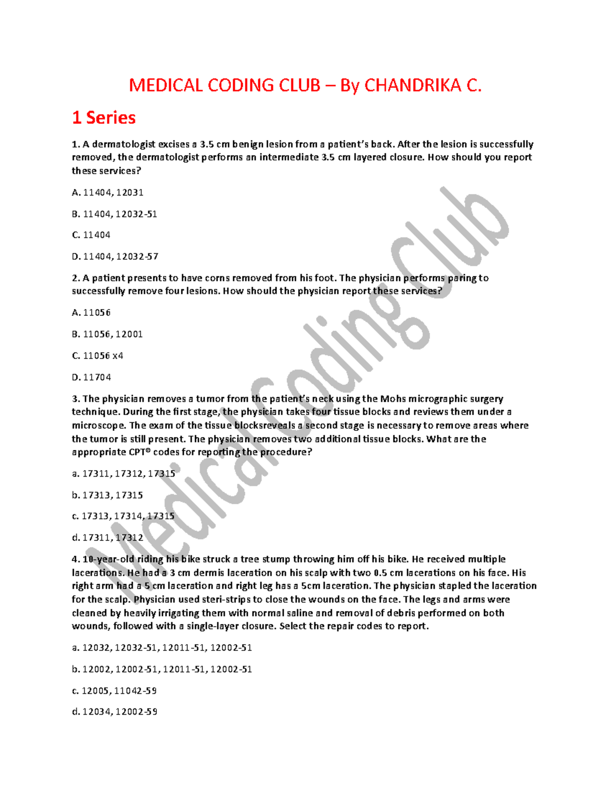 CPT 1 Series - Medical Coding Practice Questions and Answers - Studocu