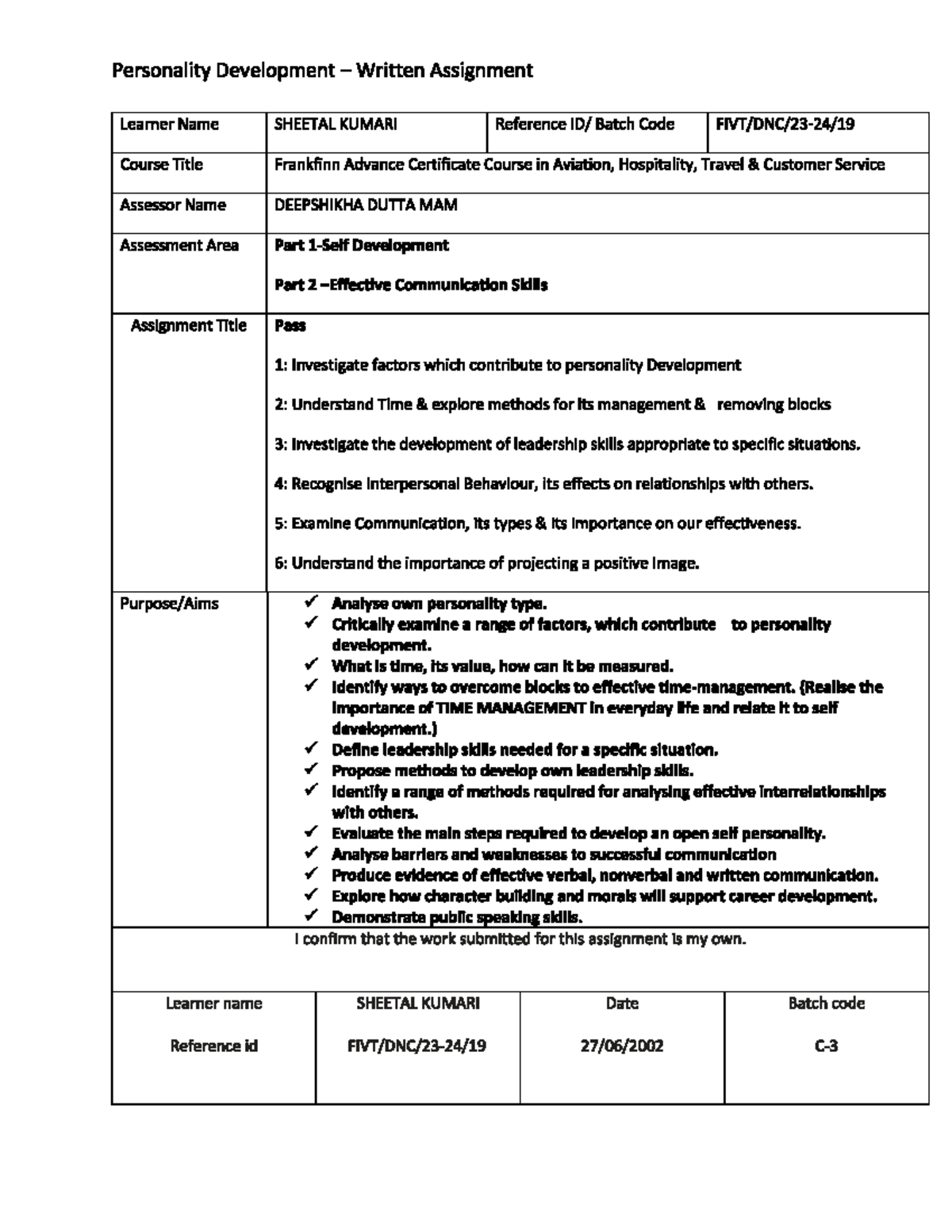 Personality Development Assignment (Batch Code: Frankfinn) - Studocu