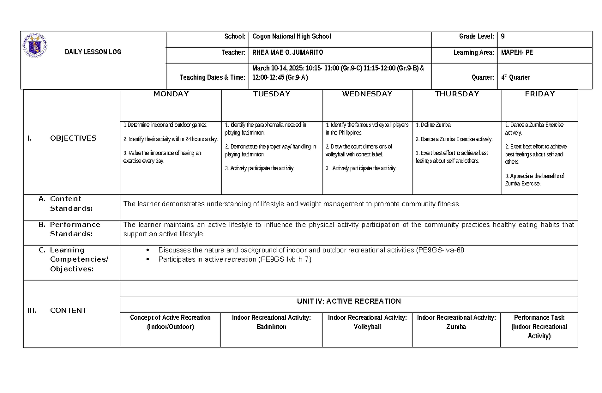 PE Lesson Log Q4: Active Recreation Activities for Grade 9 - Studocu
