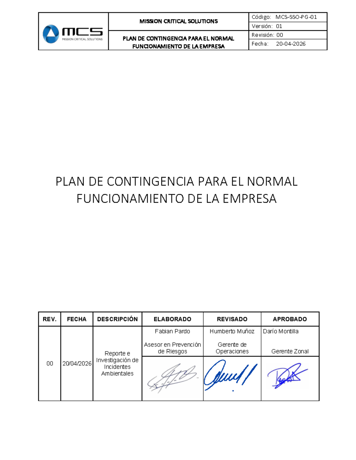 MCS-SSO-PG-01: Plan de Contingencia para la Continuidad Empresarial ...