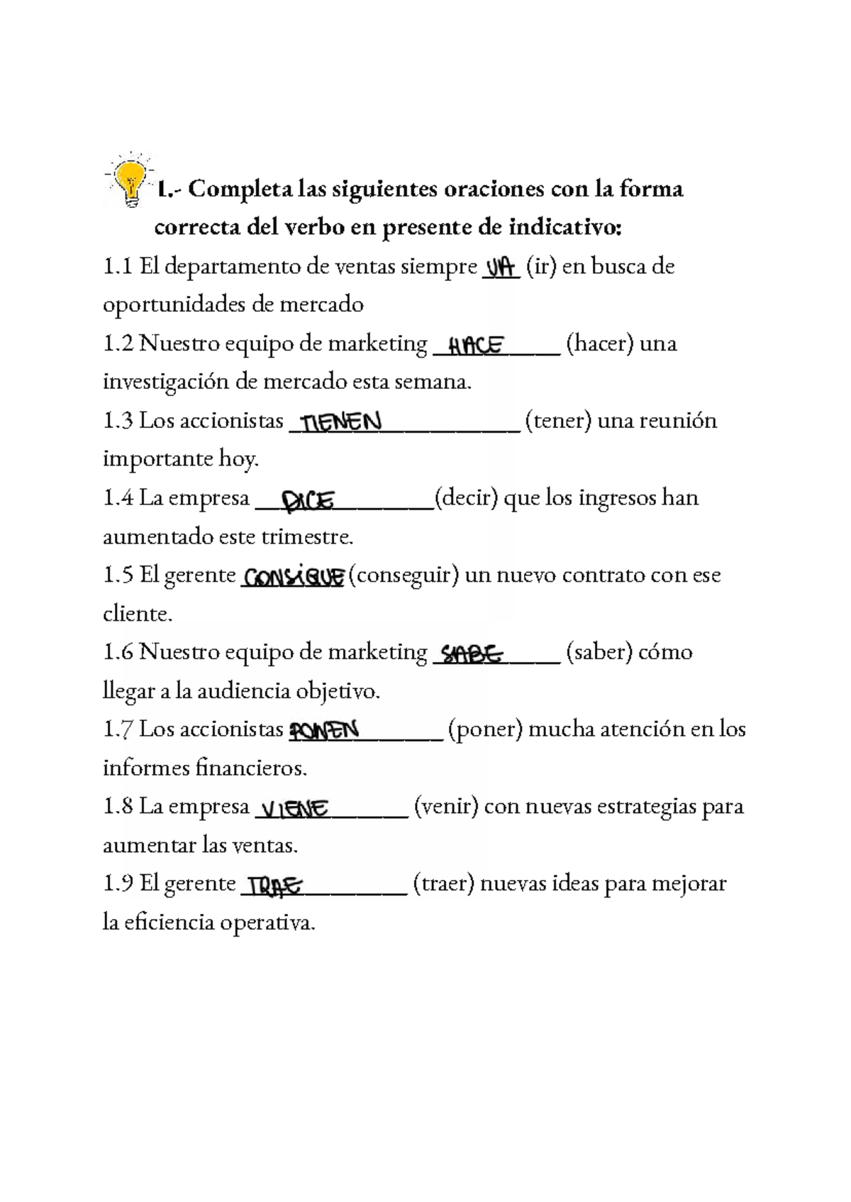 Actividad Complementaria Unidad 5: Ejercicios de Verbos en Presente ...