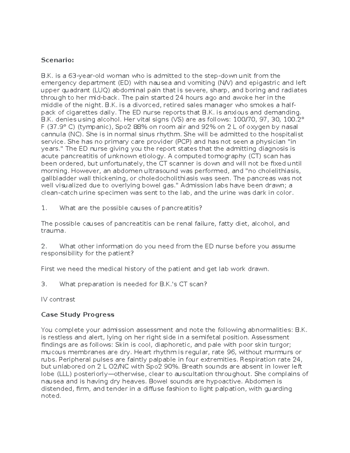 Acute Pancreatitis Case Study (NUR 318): Patient Assessment & Management - Studocu