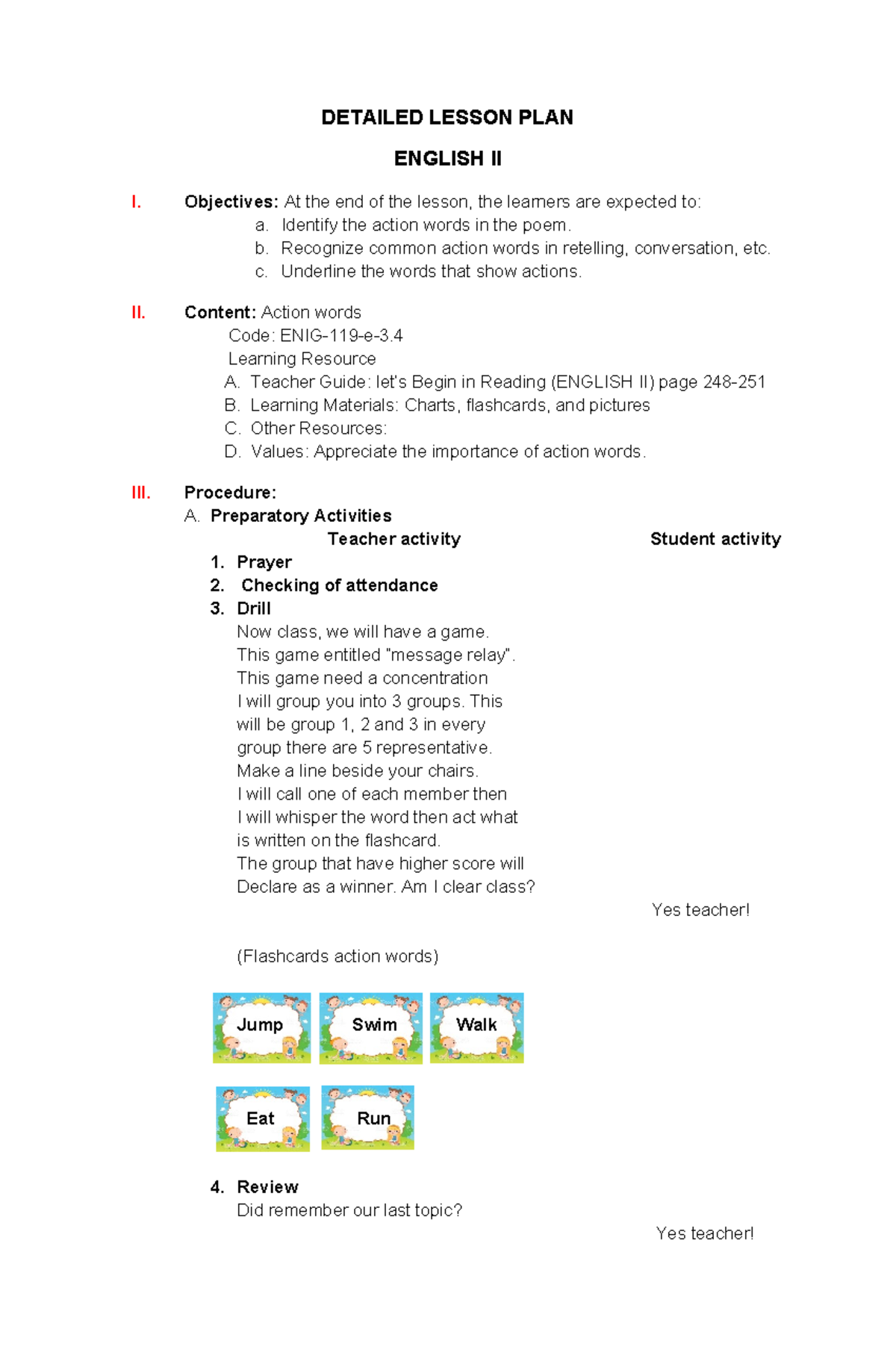 439829121 Detailed Lesson Plan: Action Words for English II - Studocu