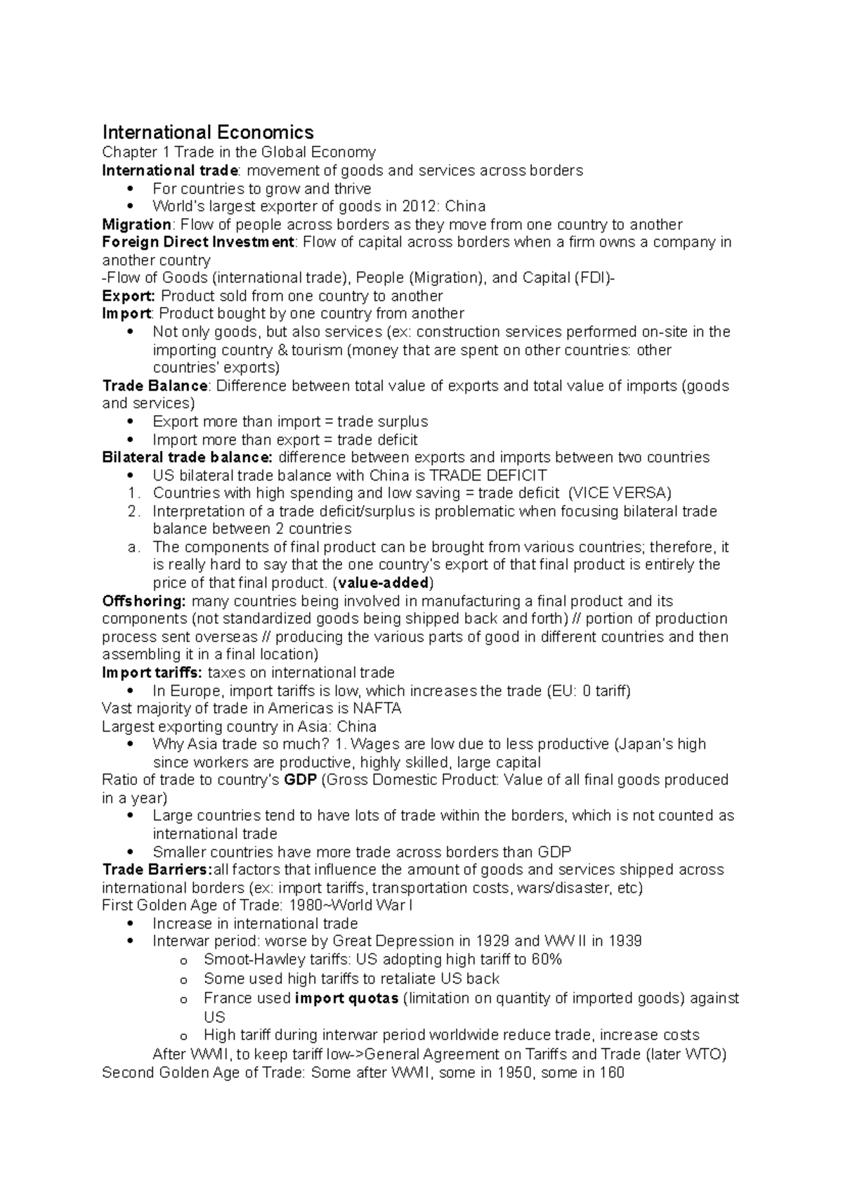 International Economics Notes - International Economics Chapter 1 Trade ...
