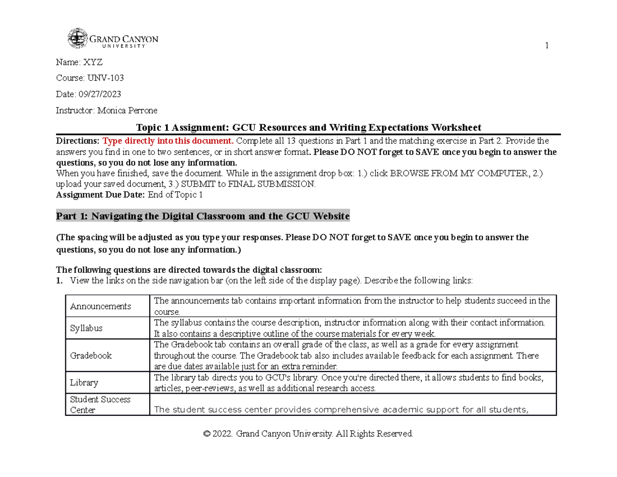 GCU UNV Topic 1 Assignment 1: Resources & Writing Expectations Guide ...