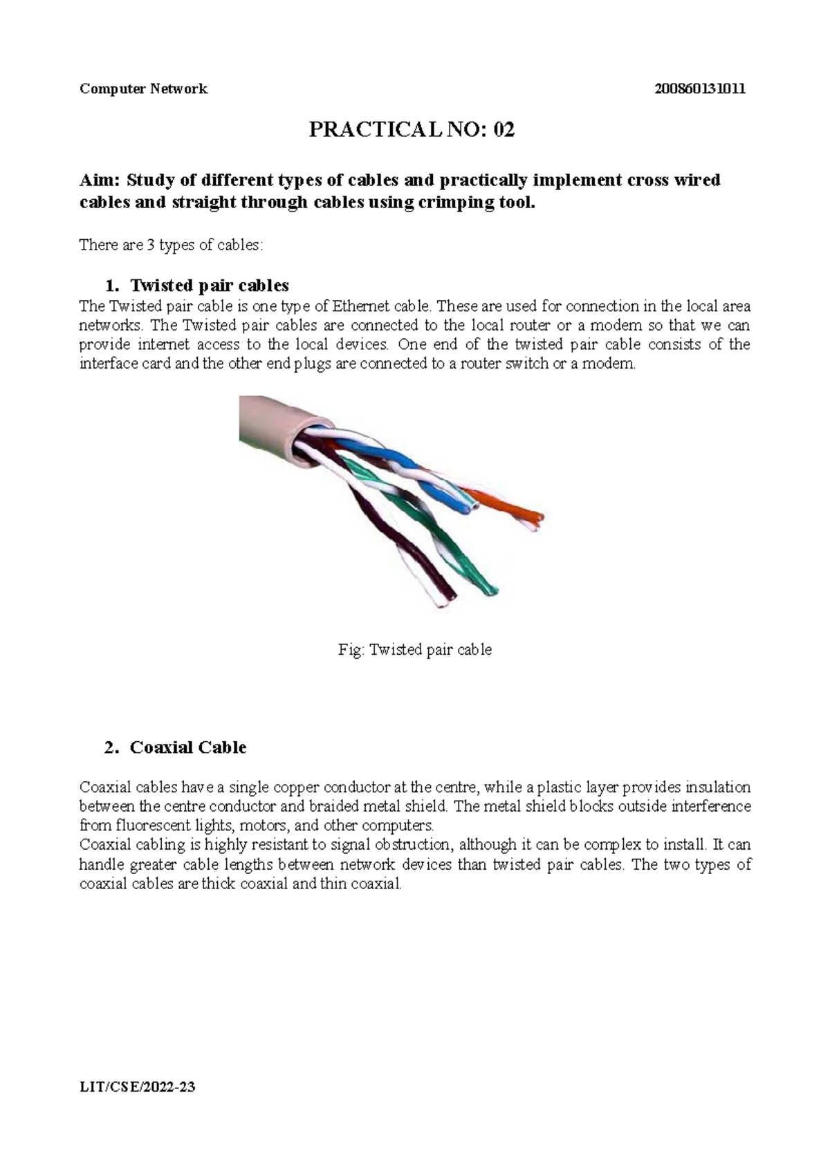 Prac2 CN - Overview of Cable Types and Practical Implementation - Studocu
