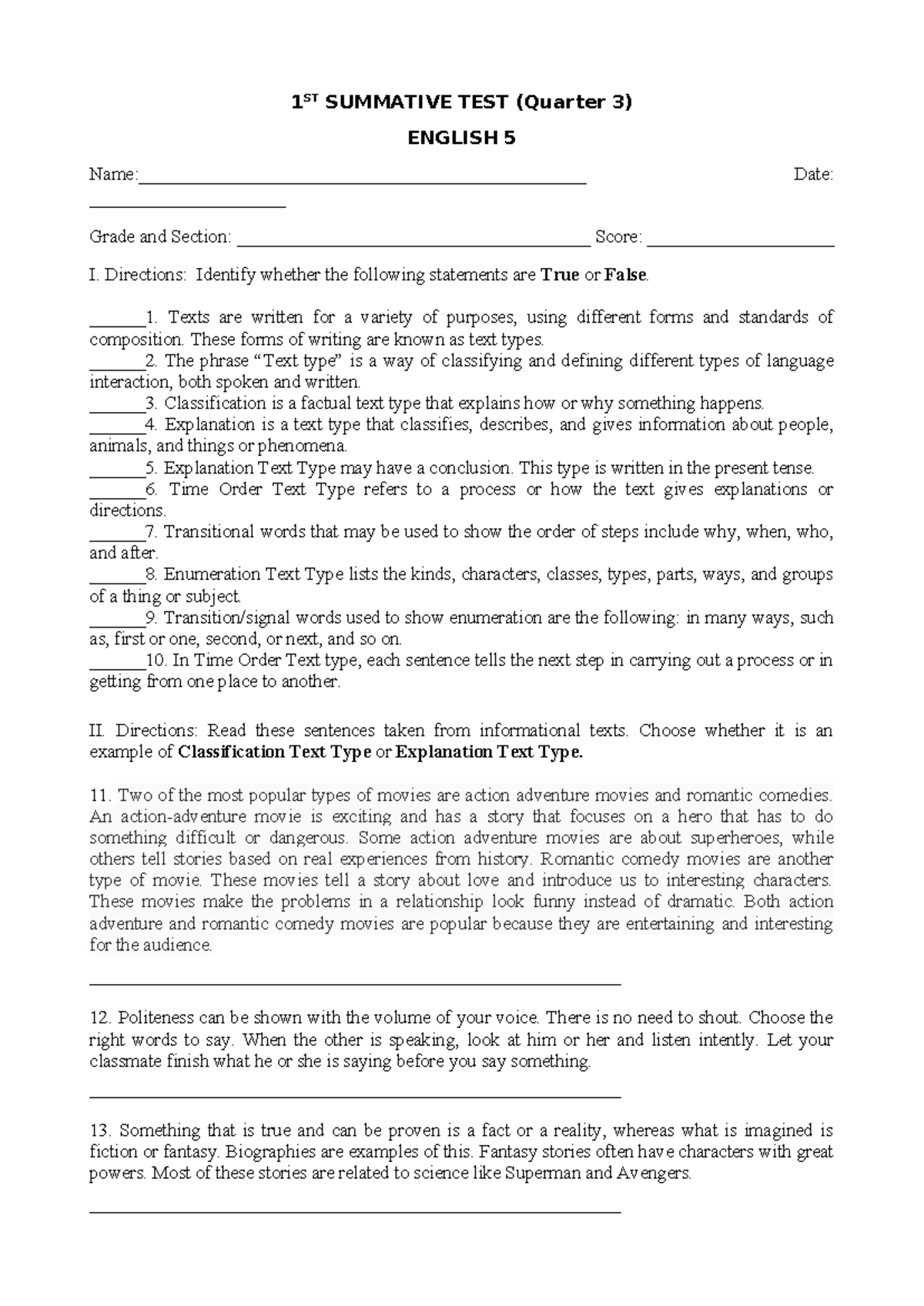 Q3 ENGLISH 5 Summative Test #1 - Text Types and Classification - Studocu