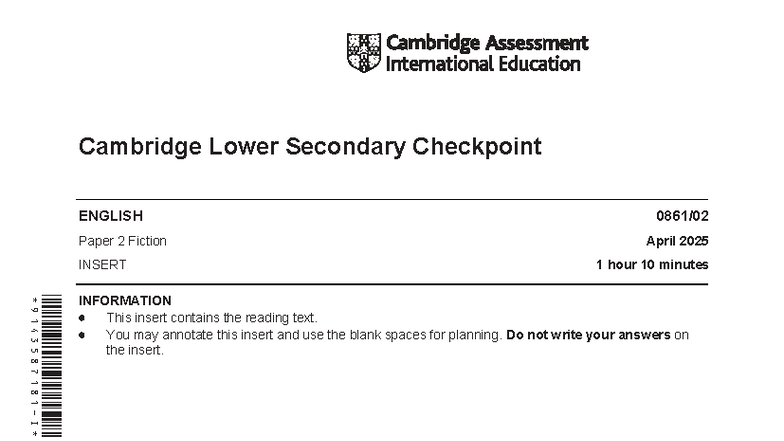 Cambridge Lower Secondary Checkpoint ENGLISH Paper 2 Fiction Insert ...