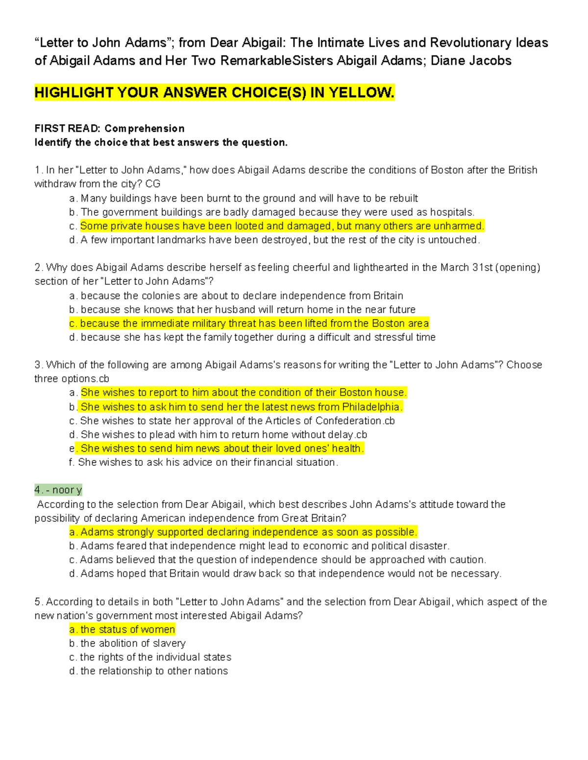 Reading Guide: "Letter to John Adams" & "Dear Abigail" Insights - Studocu