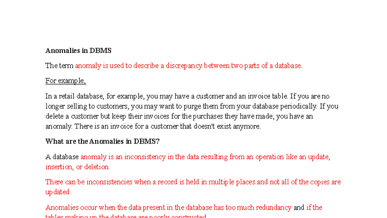 Anomalies in DBMS: Understanding Causes and Types - Studocu
