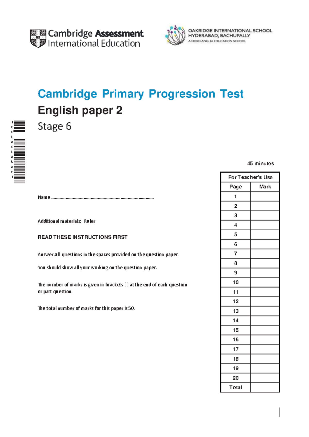 Cambridge Primary Progression Test: English Paper II (Stage 6) - Studocu