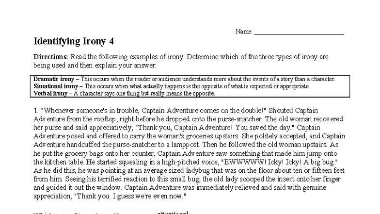 Irony Worksheet 4: Identifying Types of Irony - Studocu