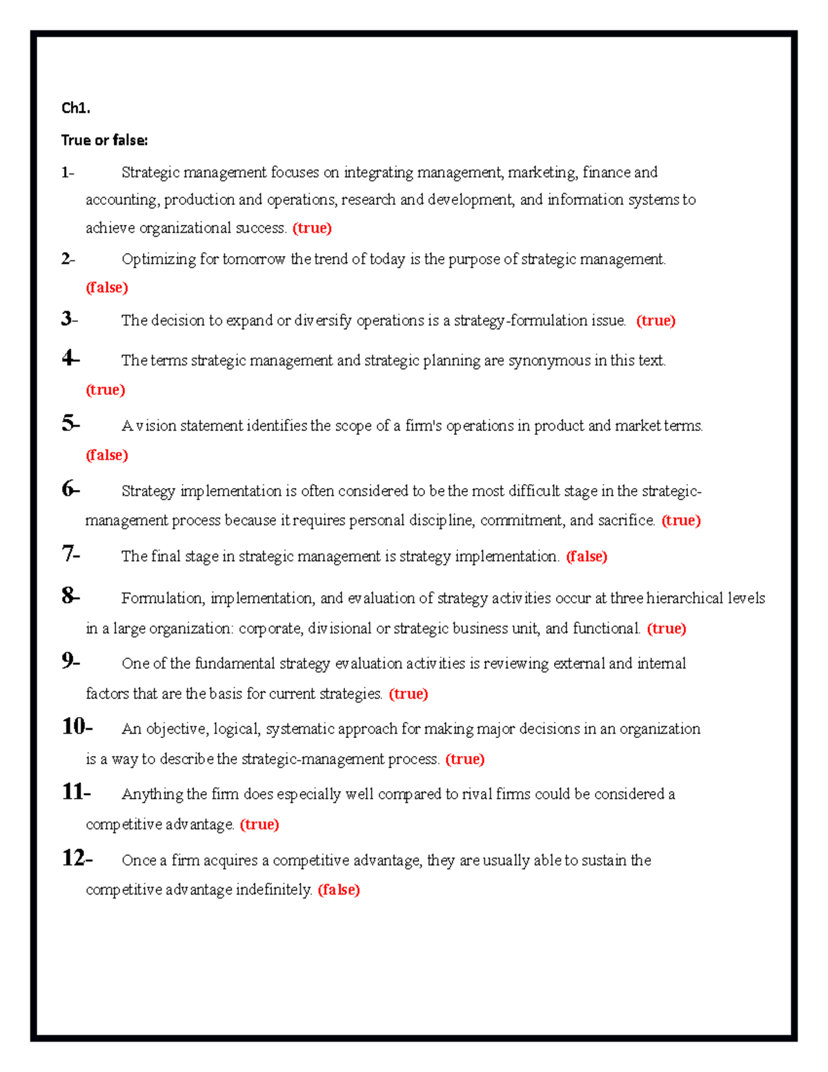Ch1 Strategic Management True/False Questions and Answers - Studocu