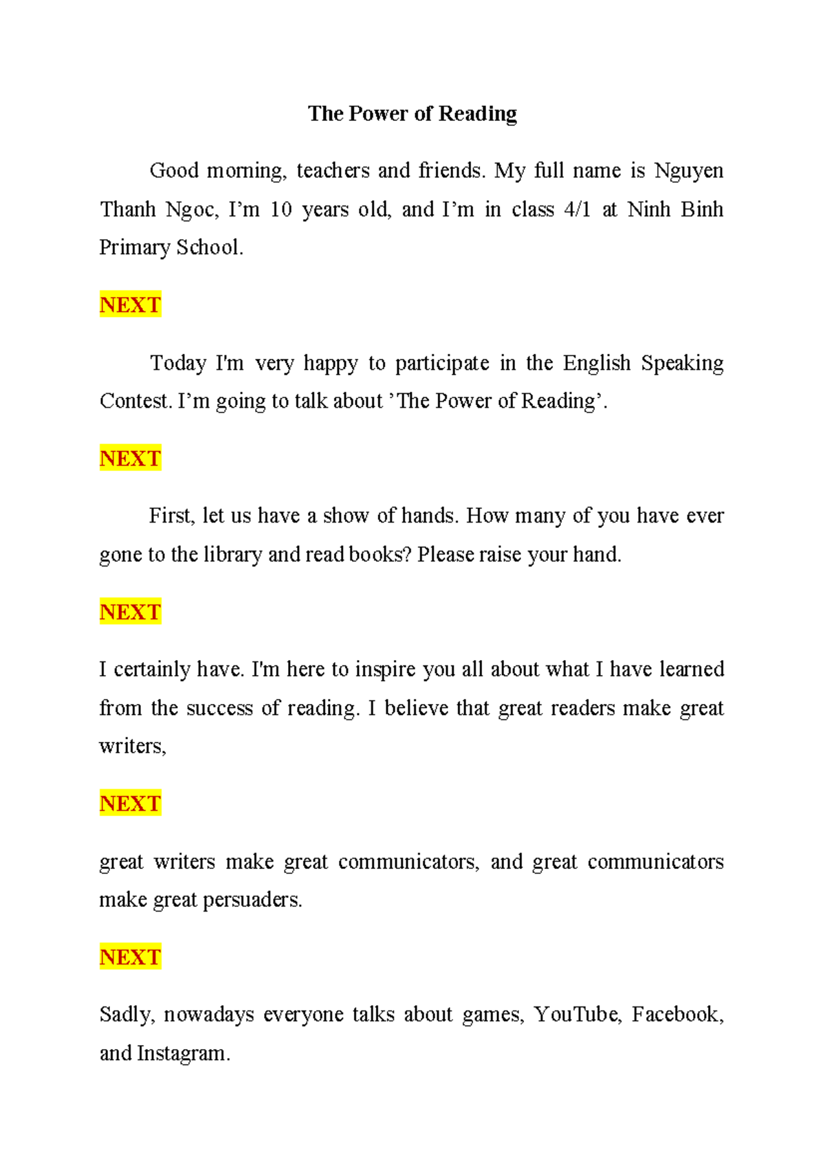The Power of Reading: A Speech for English Contest (Class 4/1) - Studocu