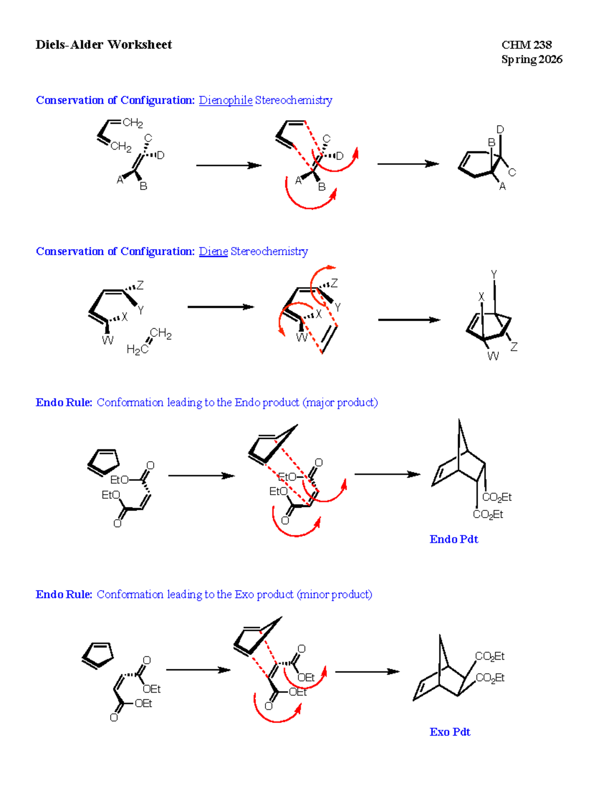 Diels-Alder Worksheet CHM 238 Spring 2026: Stereochemistry & Products ...