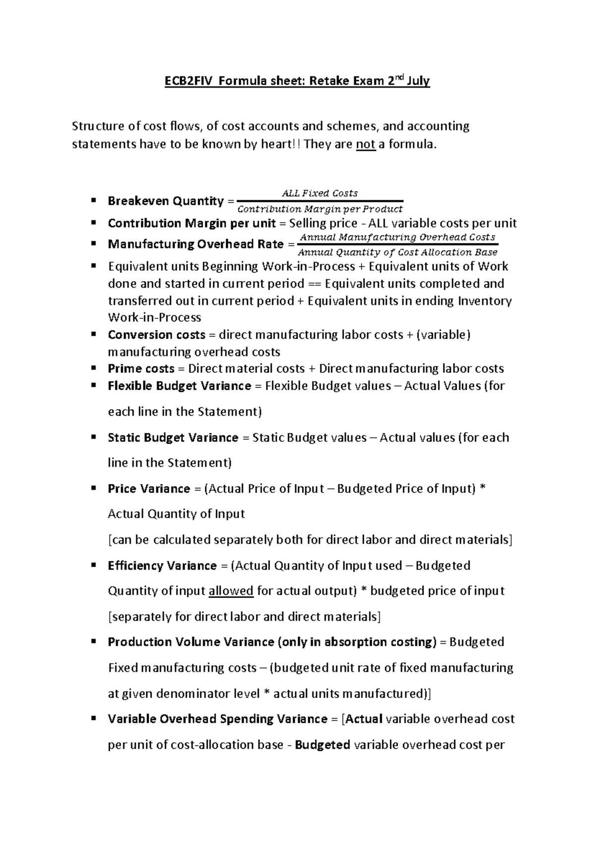 Formula Sheet: Retake Exam ECB2FIV - Cost Flows & Variance Analysis ...