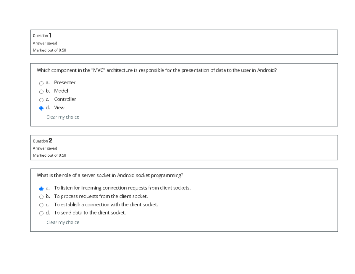 Quiz 1: MVC Architecture and Sockets in Android Programming - Studocu