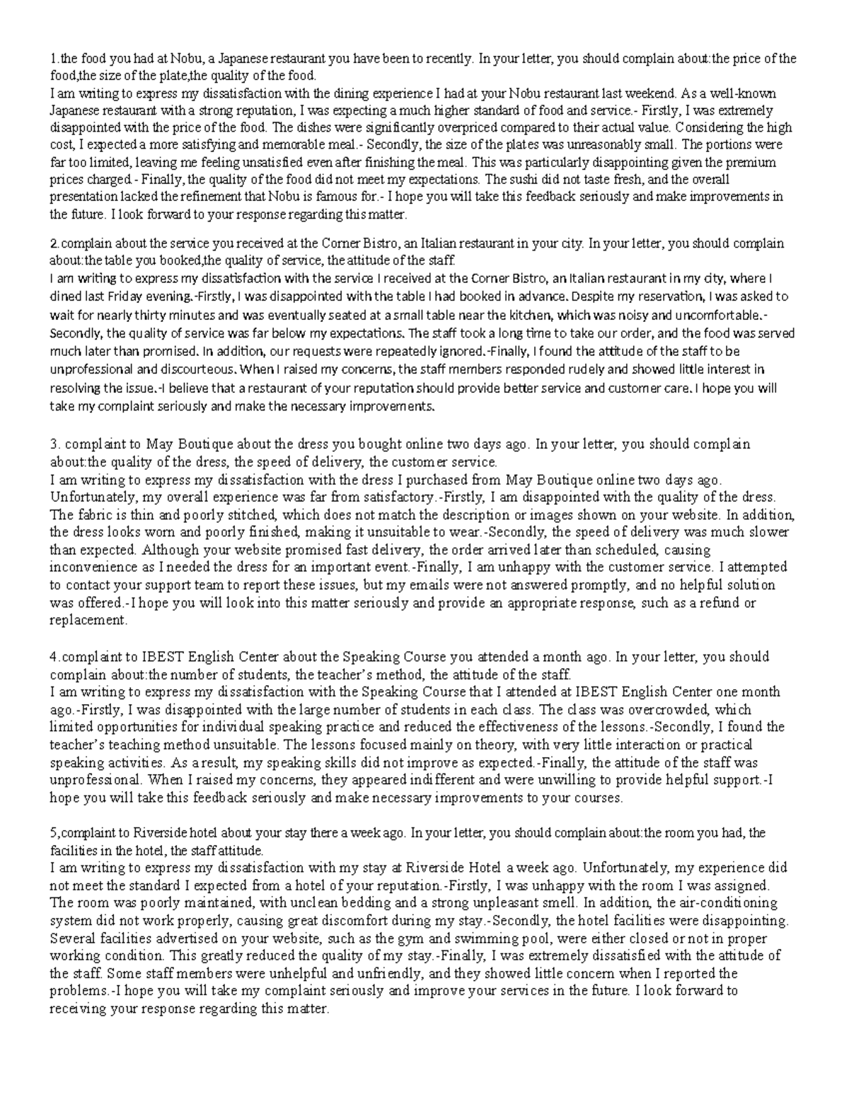 Complaints on Dining & Service Experiences: A Letter Compilation - Studocu