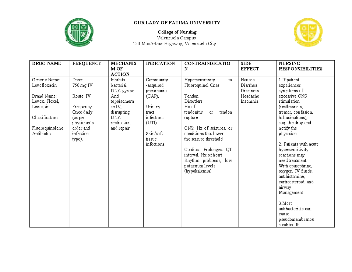 Nursing Care Plan & Drug Information: Levofloxacin & Keppra (NUR 101 ...