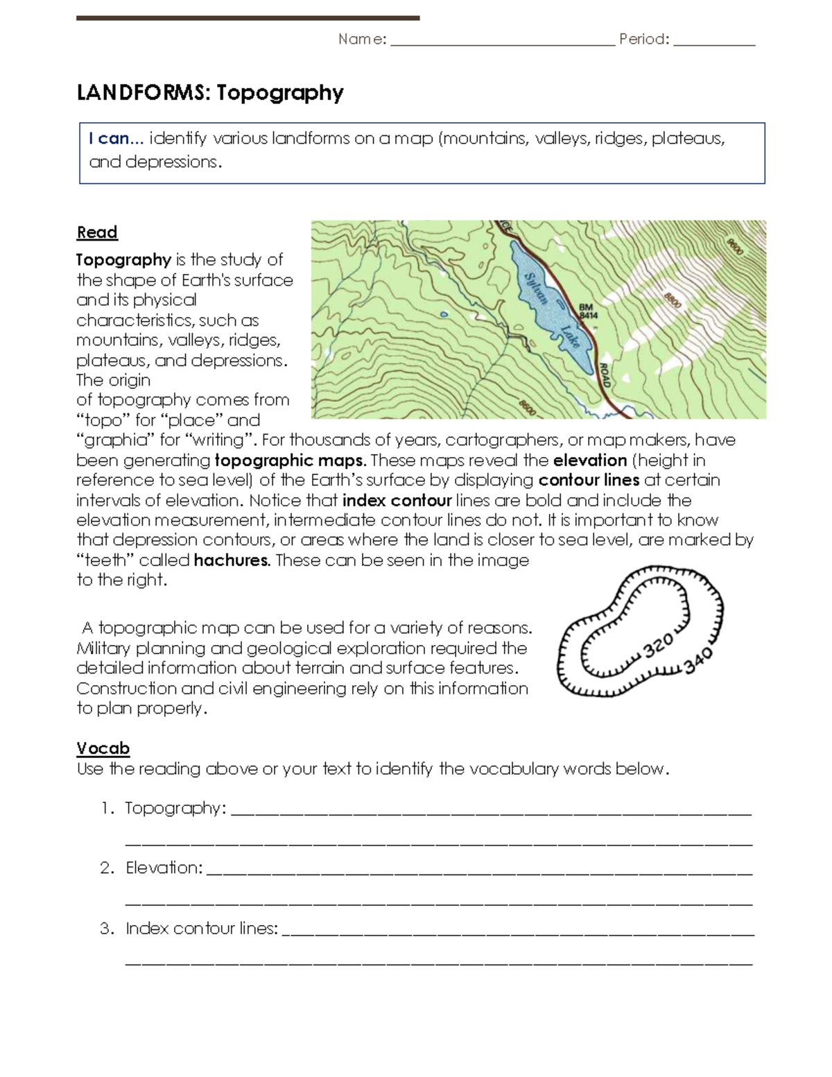 Topography I: Understanding Landforms and Topographic Maps Worksheet ...