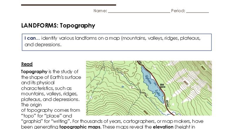Topography I: Understanding Landforms and Topographic Maps Worksheet ...