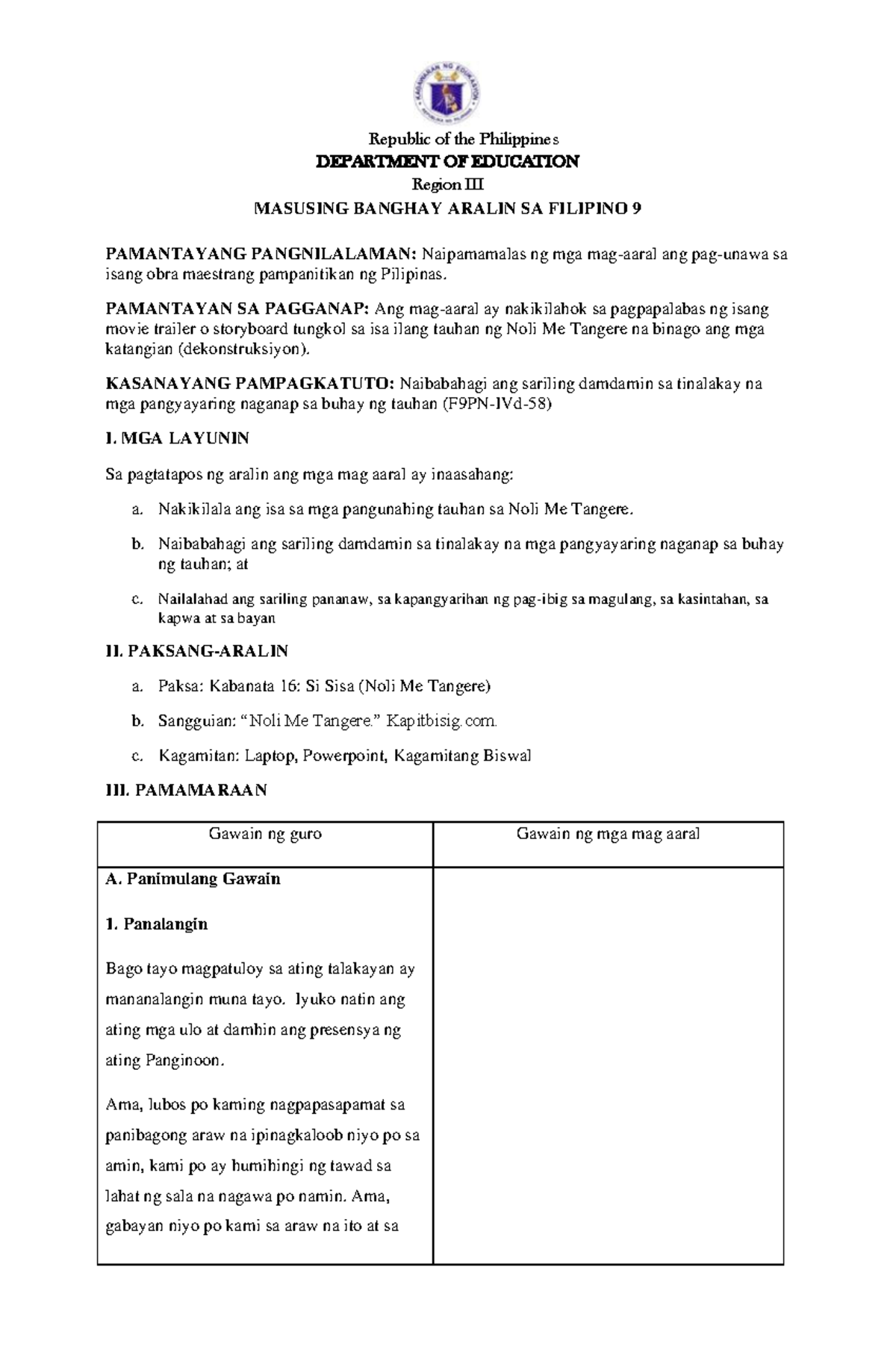 Kabanata 16: Sisa - Masusing Banghay Aralin sa Filipino 9 - Studocu