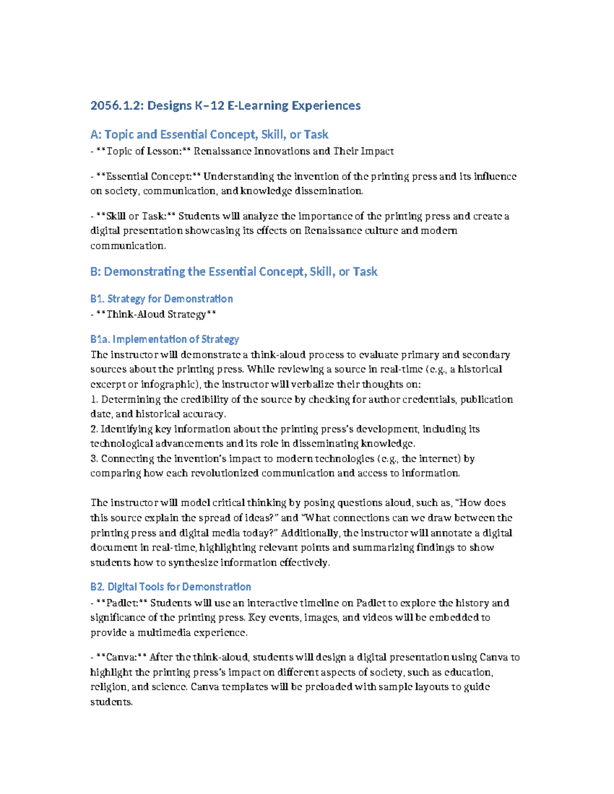 Task 2 completed - 2056.1: Designs K–12 E-Learning Experiences A: Topic ...