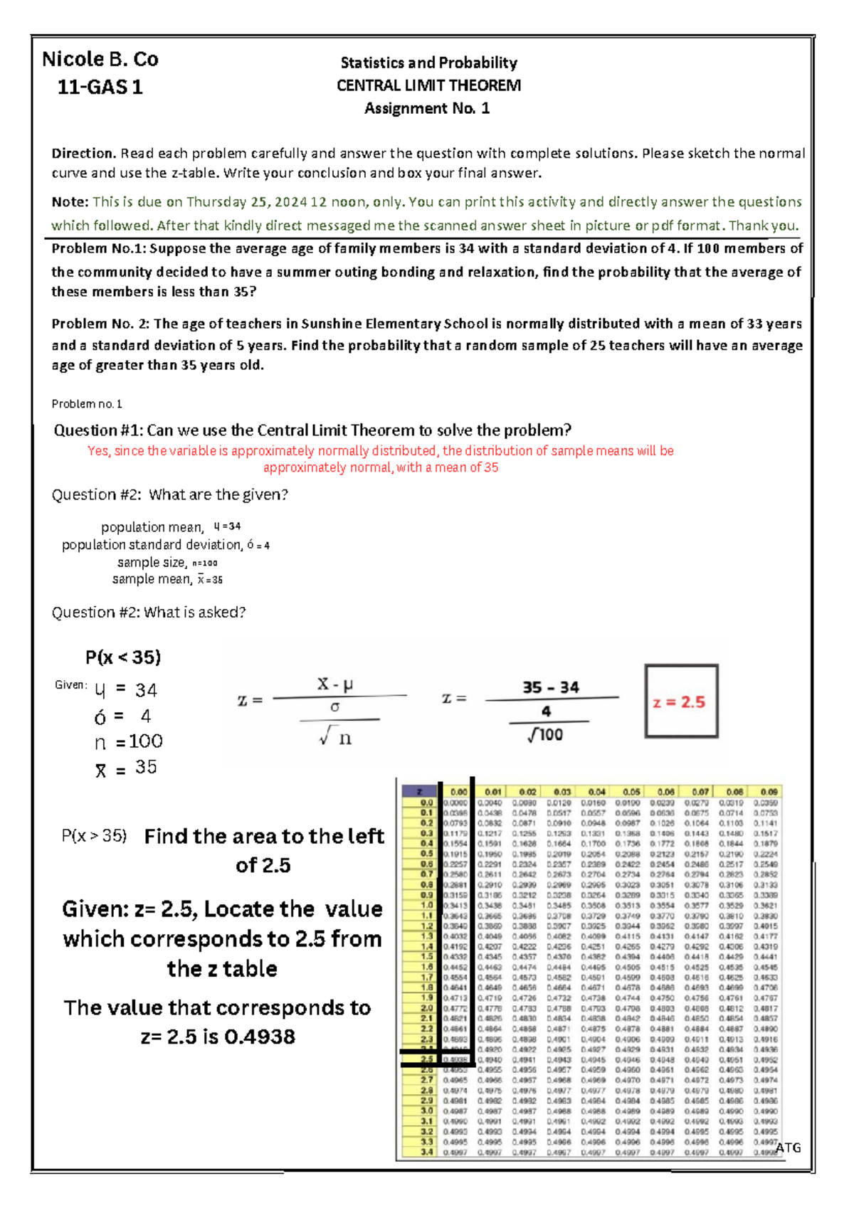 ATG Statistics and Probability: Central Limit Theorem Assignment No. 1 ...
