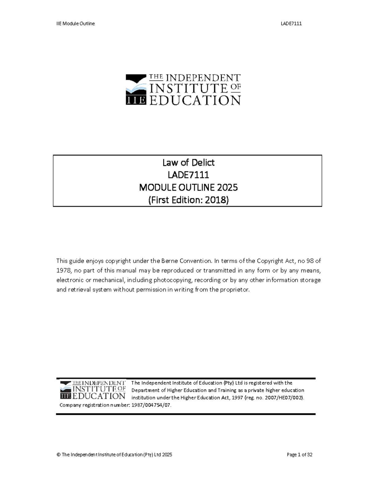 LADE7111 MO - Comprehensive Module Outline for Law of Delict 2025 - Studocu