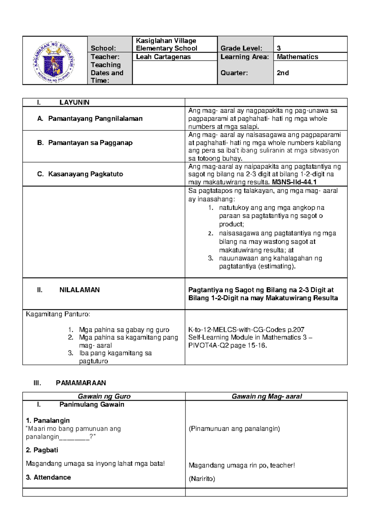 4AS Lesson Plan: Estimating Products in Mathematics (Week 4) - Studocu