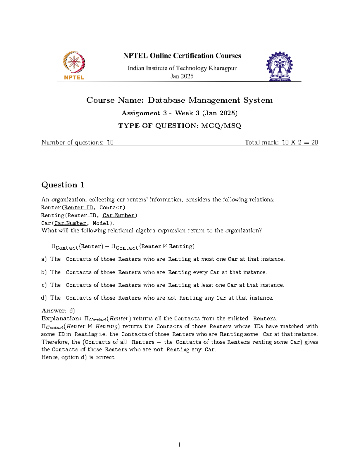 Assignment 3: NPTEL DBMS Questions and Answers (Jan 2025) - Studocu