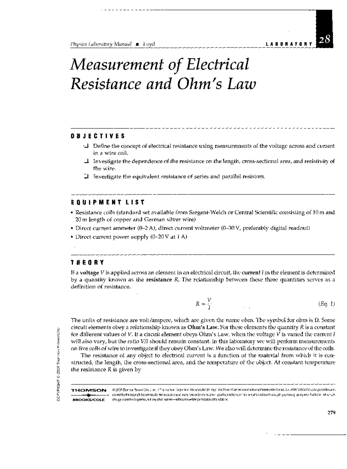 Physics Lab 28: Measurement of Electrical Resistance & Ohm's Law - Studocu