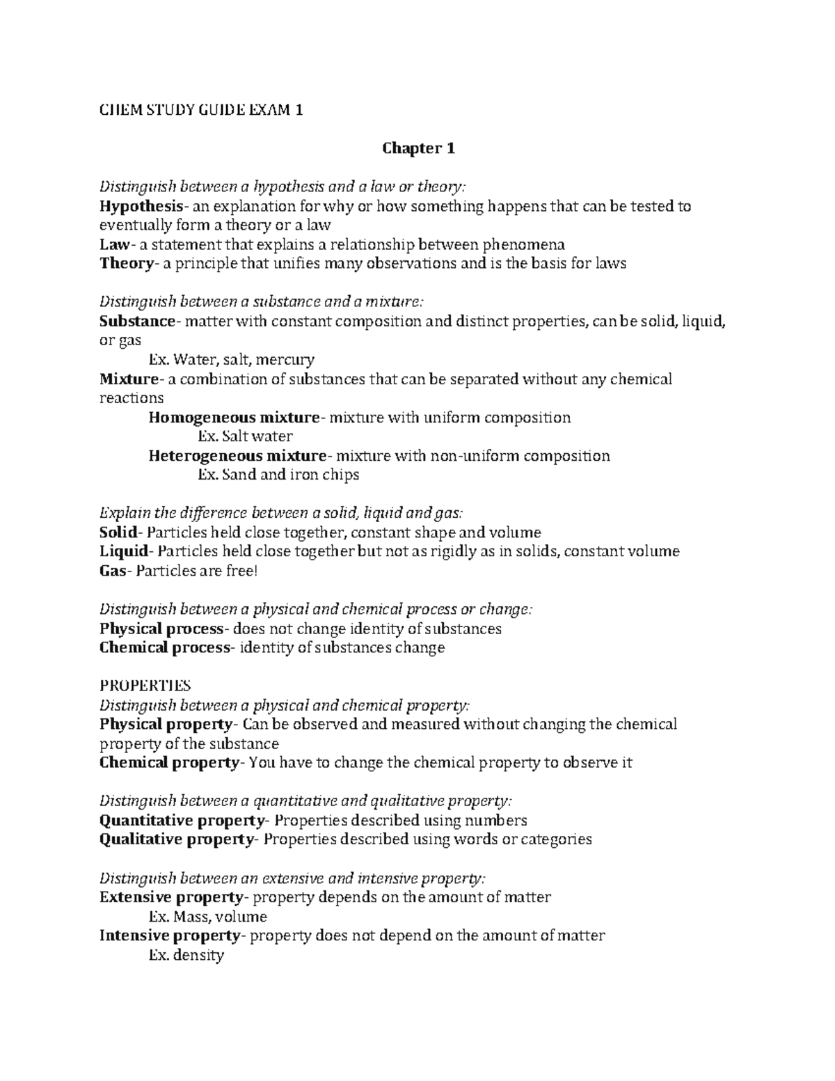 CHEM 101 Study Guide for Exam 1: Key Concepts and Definitions - Studocu