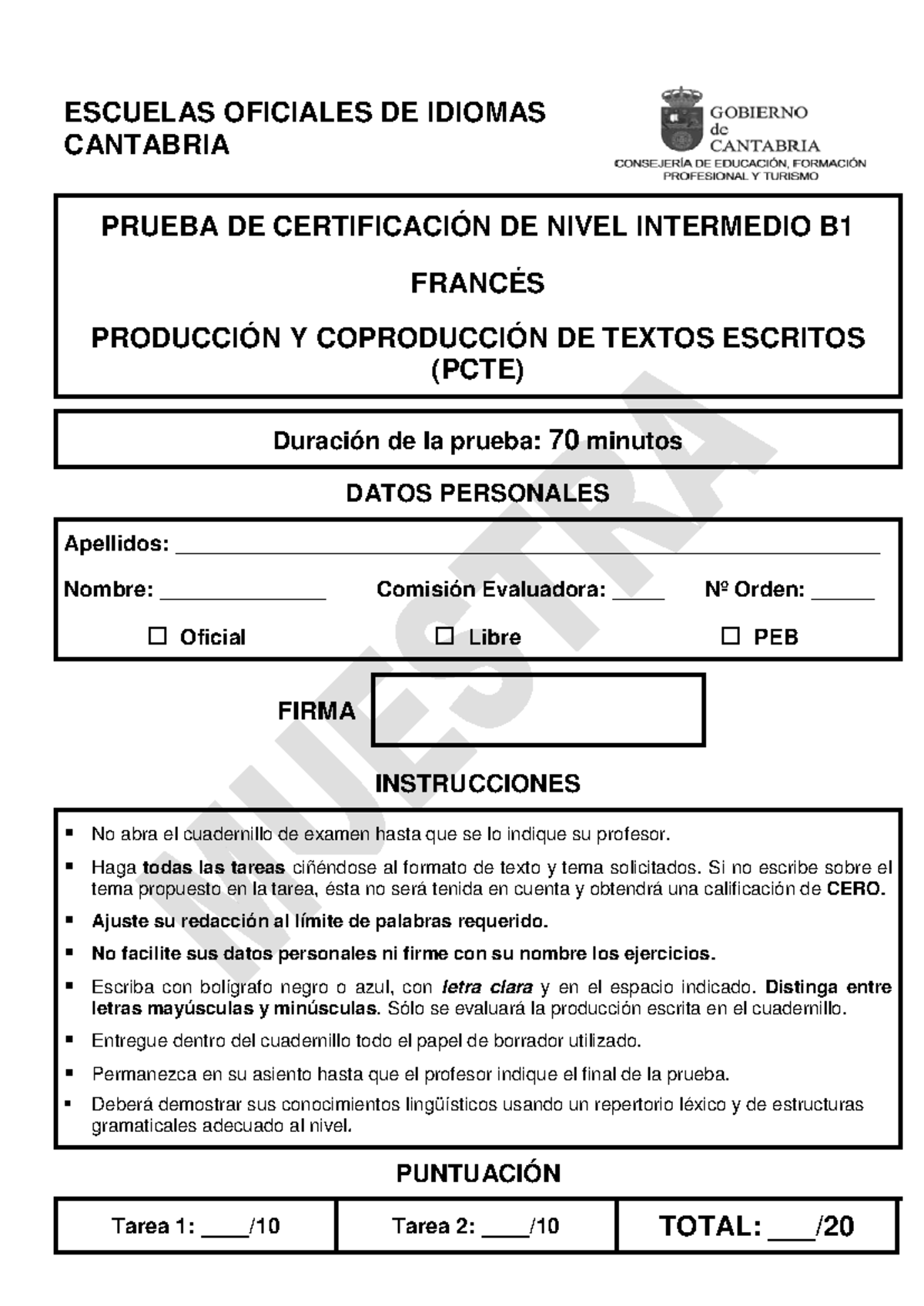 FR B1 PCTE - Prueba francés PRODUCCIÓN Y COMPRENSIÓN TEXTOS ESCRITOS B1 ...