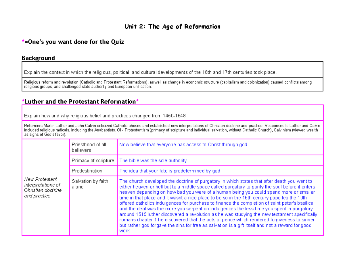 Unit 2 Study Guide: The Age of Reformation Quiz Insights - Studocu