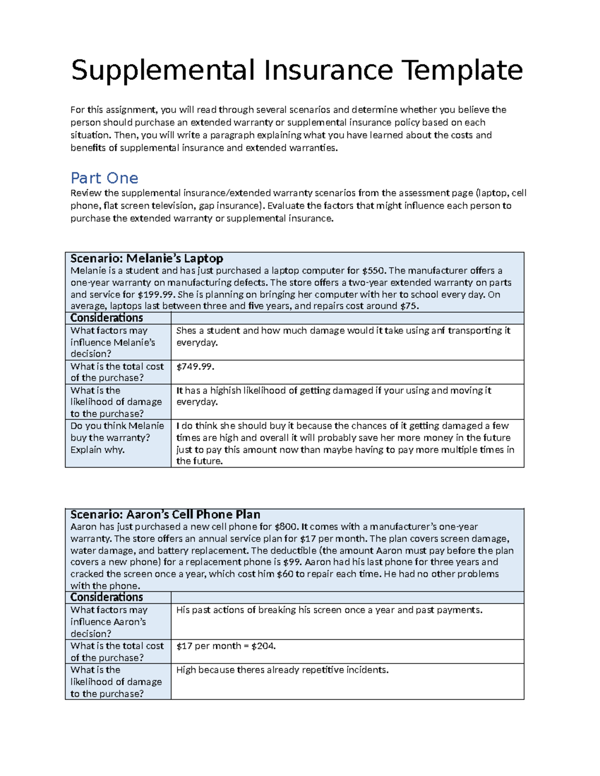 Supplemental Insurance Evaluation Template: Costs & Benefits Analysis ...