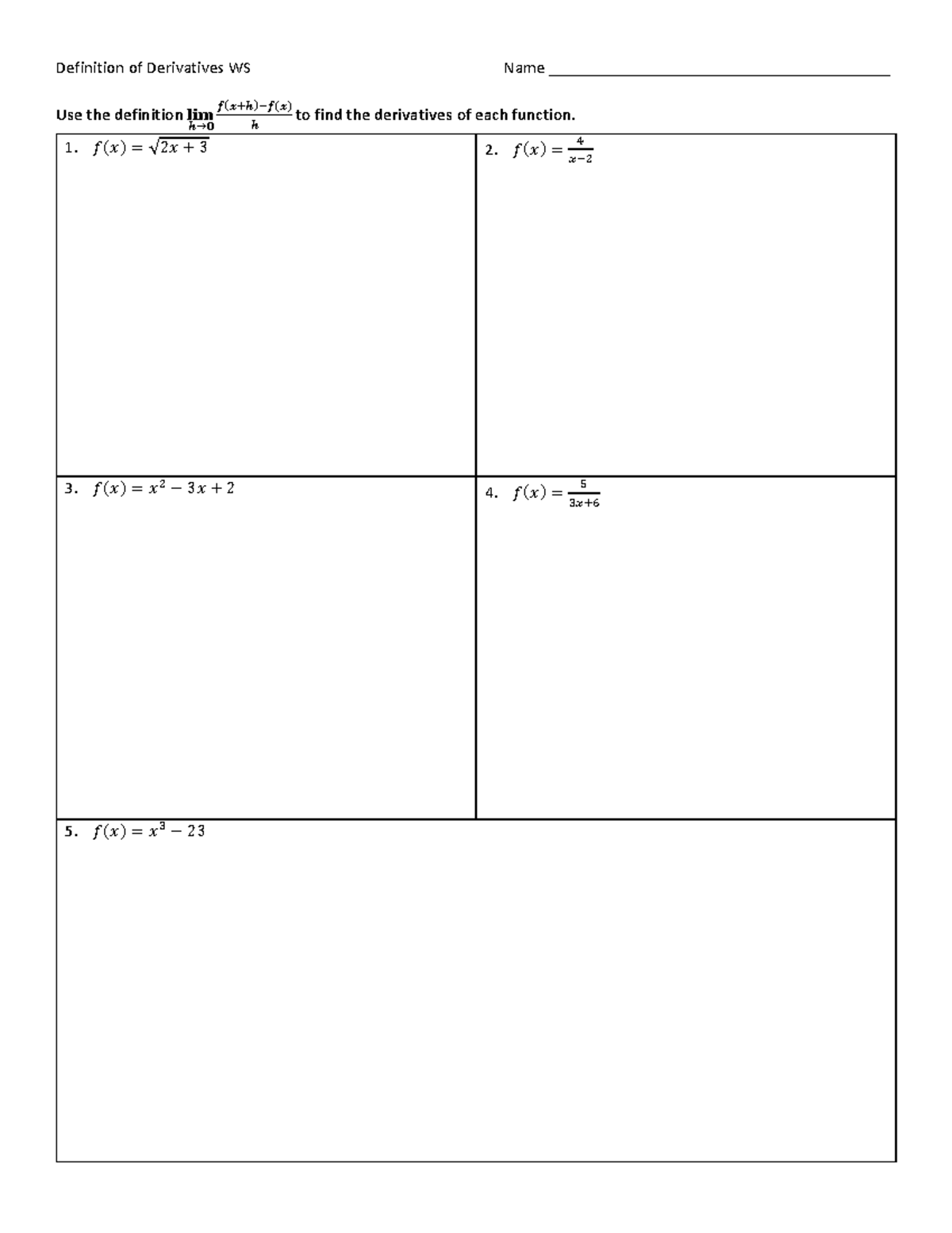 Derivatives Worksheet: Limit Definition of Functions - Studocu