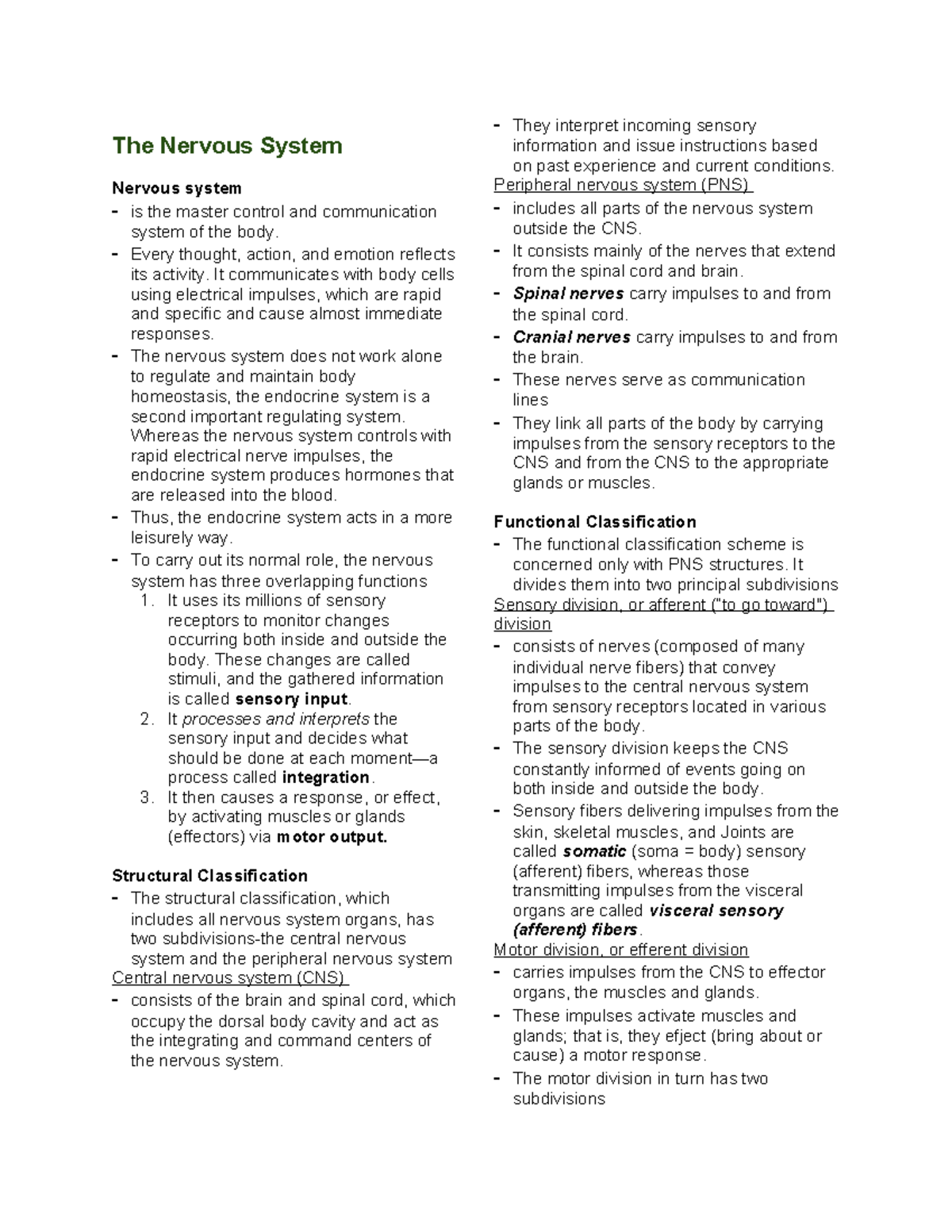 Nervous System Overview: Structure, Function, and Disorders - Notes ...