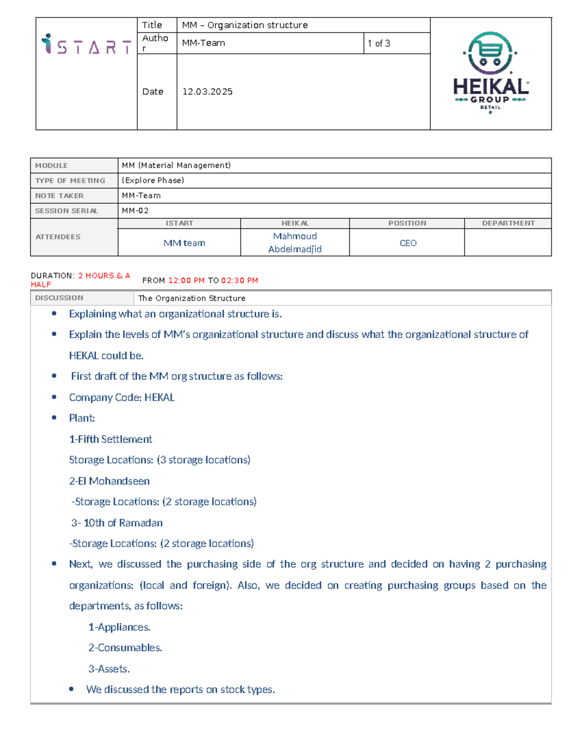 MM Organization Structure Meeting Notes - 12.03.2025 - Studocu