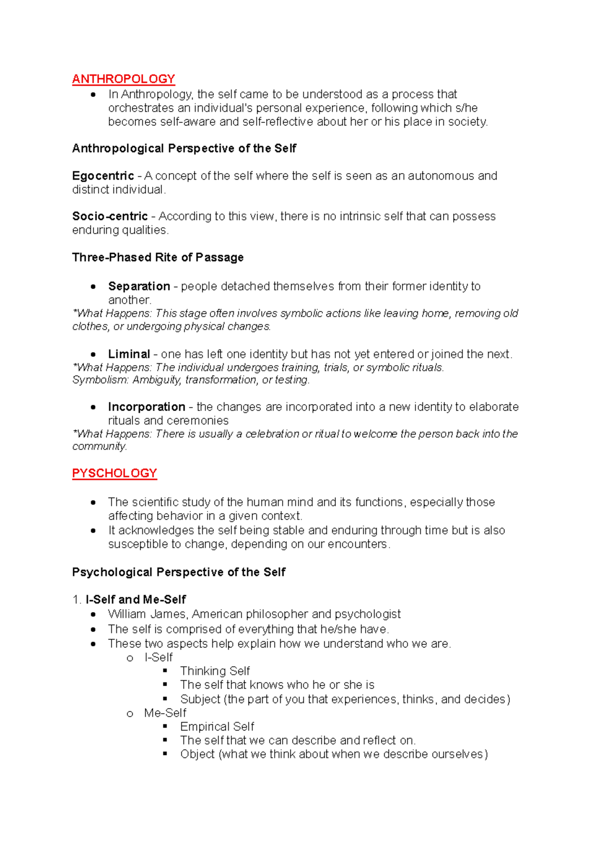Anthro & Psych Perspectives on Self: A Comprehensive Study - Studocu