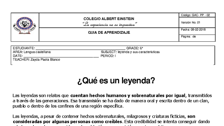 Guía de Aprendizaje: Leyendas y sus Características - LÑOIHGYUTRDS ...
