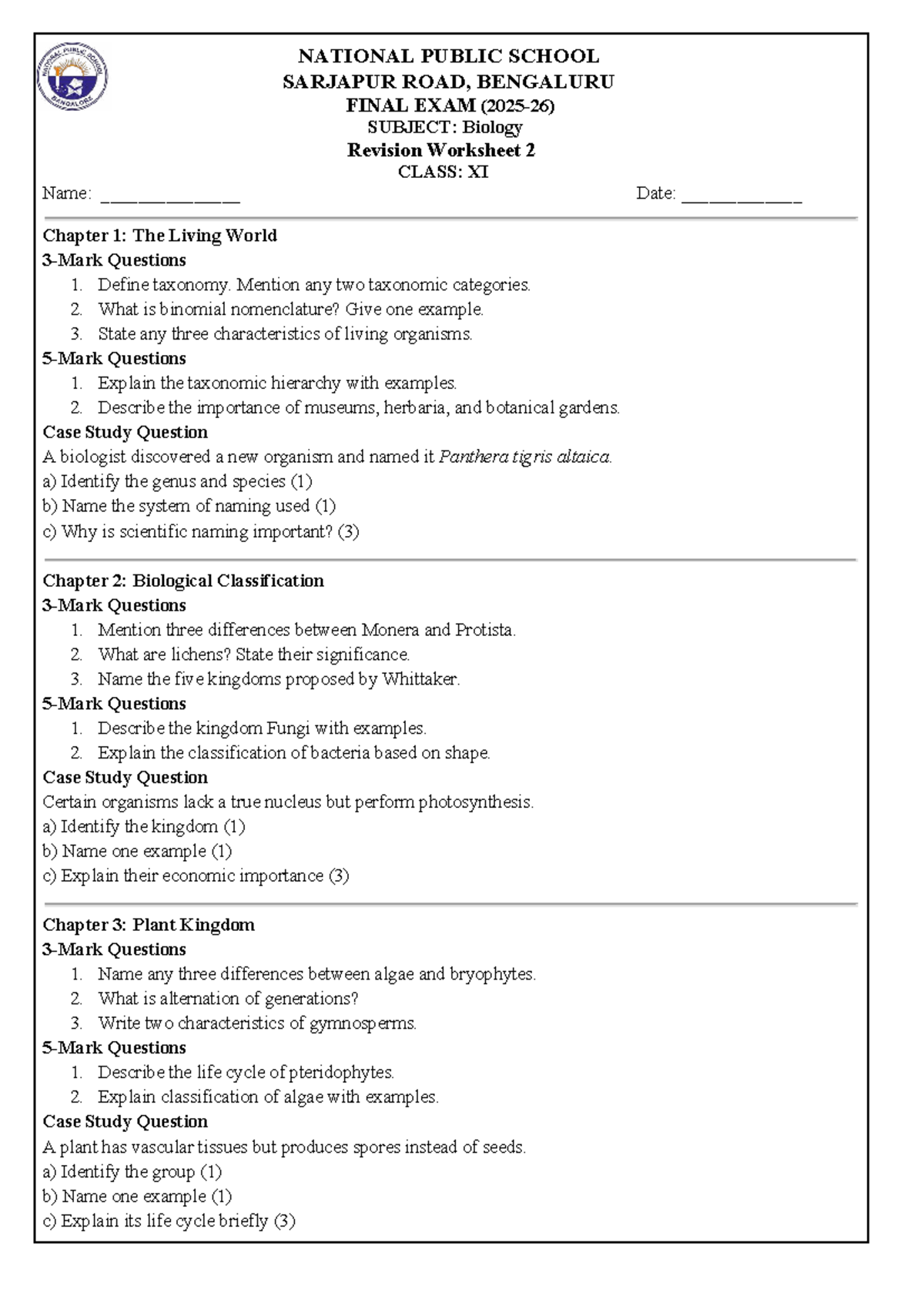 G11 Biology Final Exam Revision Worksheet 2 - Practice Questions - Studocu