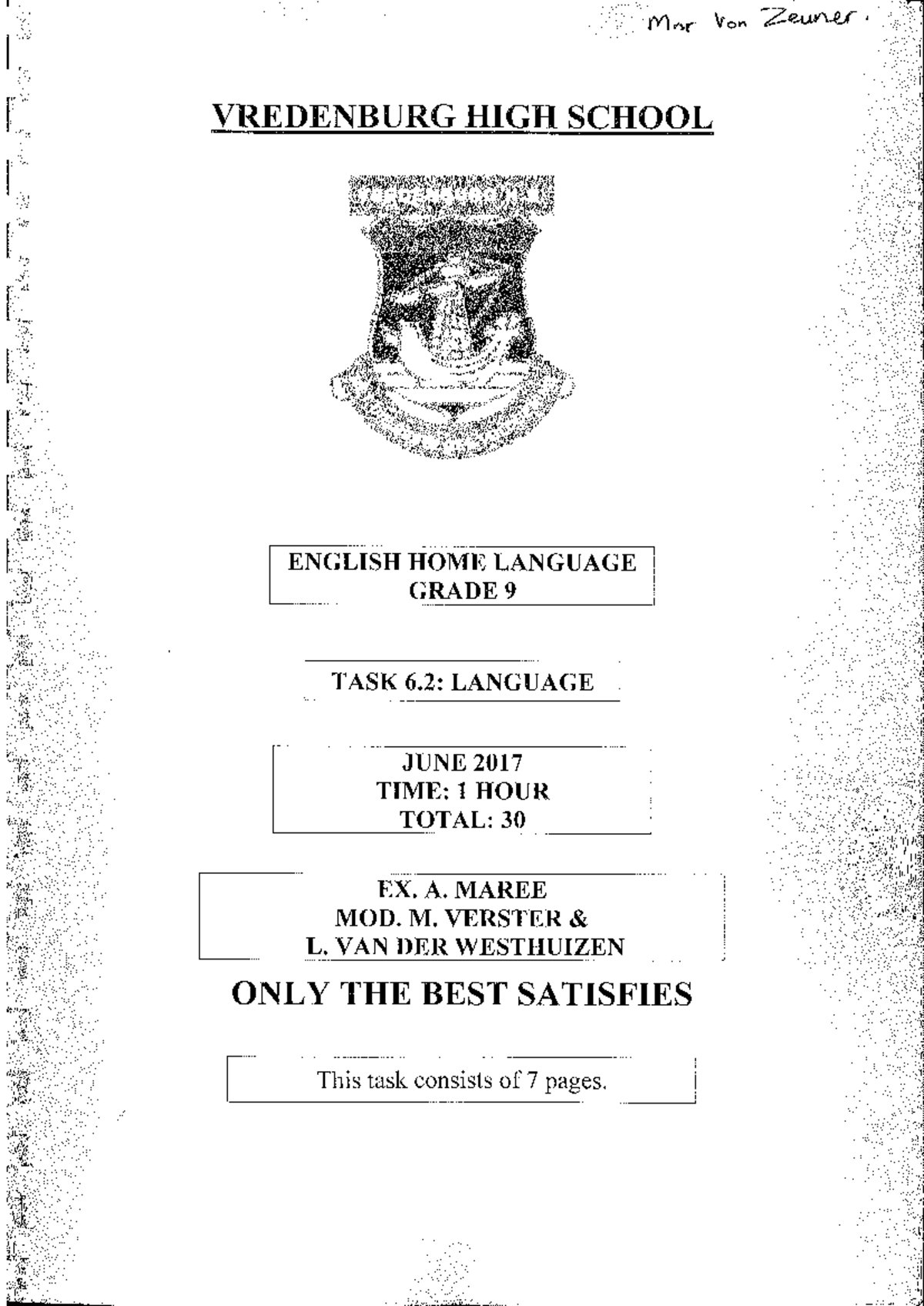 English Home Language Grade 9 Task 6.2: Language Exam June 2017 & Memo ...