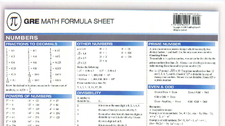 GRE MATH FORMULA SHEET: Essential Concepts and Techniques - Studocu