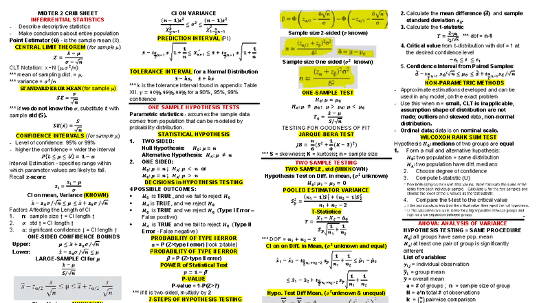 MIDTER 2 CRIB SHEET: INFERENTIAL STATISTICS OVERVIEW - Studocu