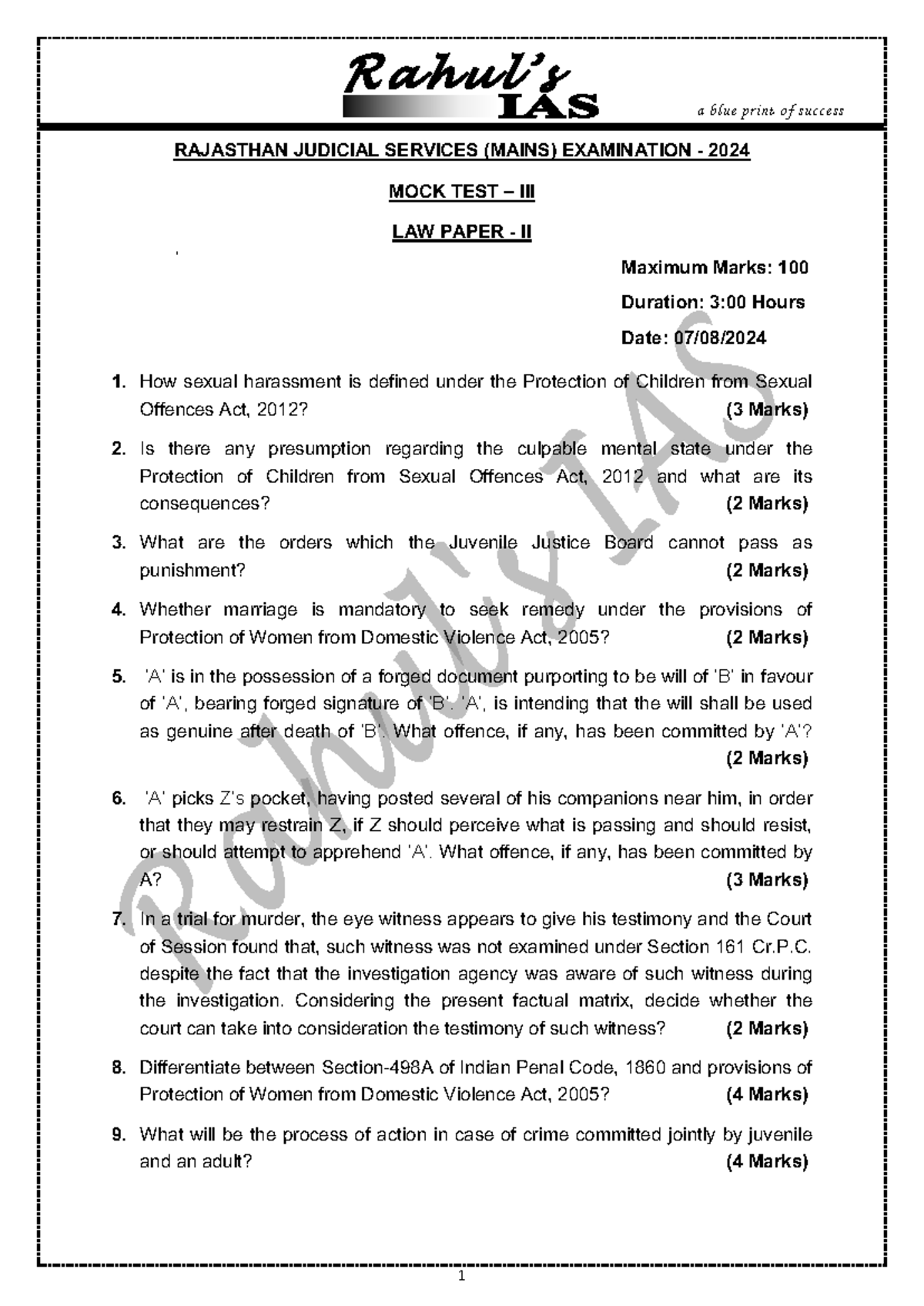 RJS 2024 Mains Mock Test: Law Paper II Blueprint for Success - Studocu