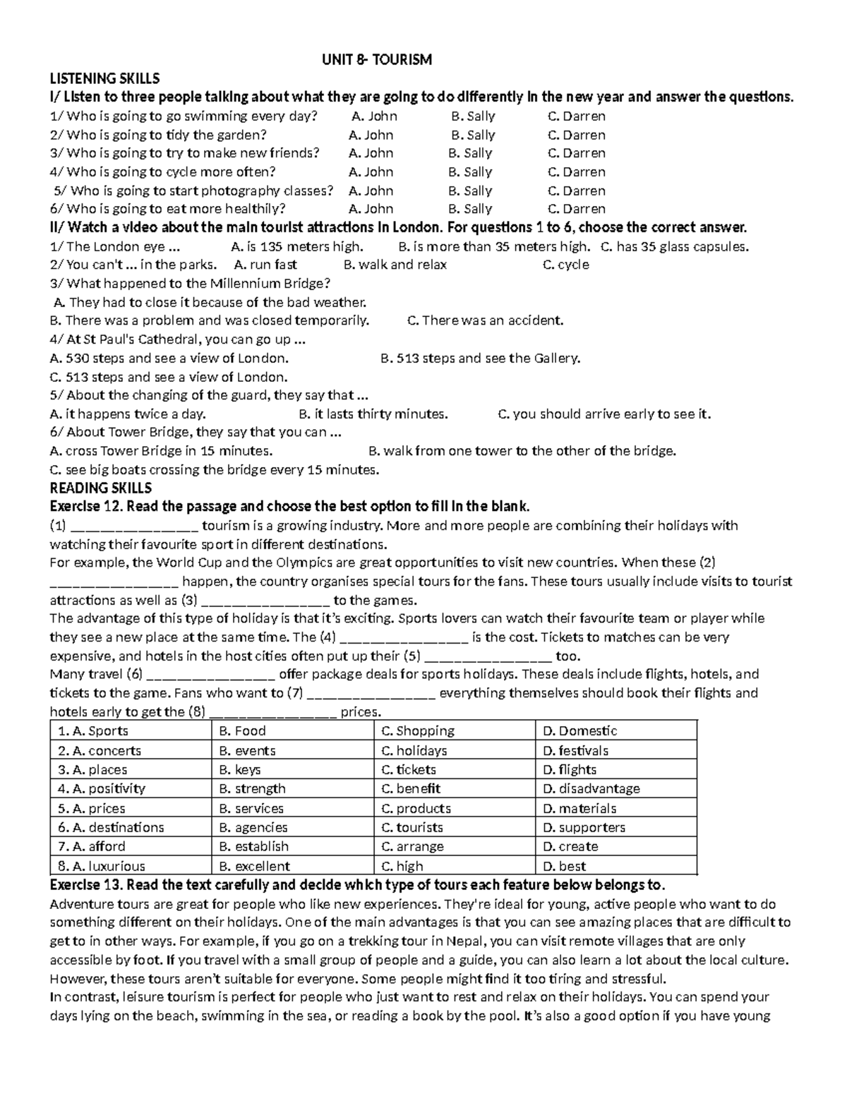 UNIT 8 - Tourism Listening & Reading Skills - LỚP 9 - Studocu
