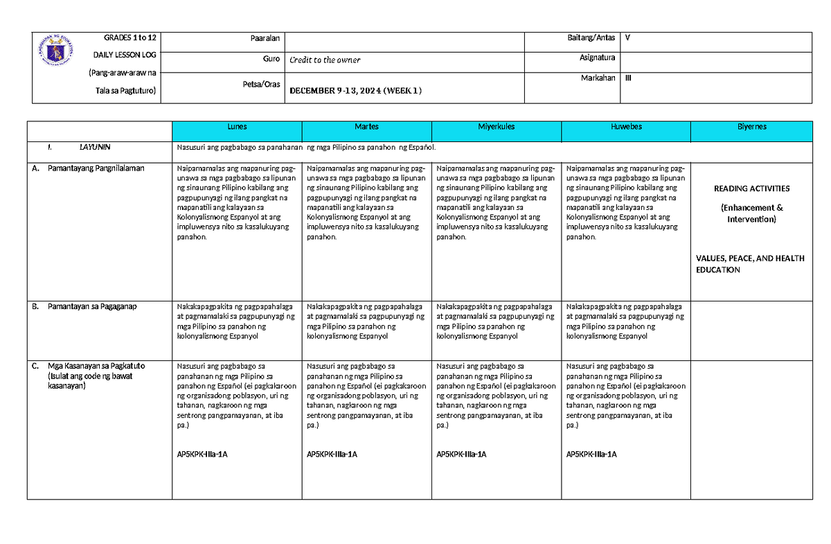 Grade 5 DLL Araling Panlipunan 5 Q3 Week 1 - GRADES 1 to 12 DAILY ...